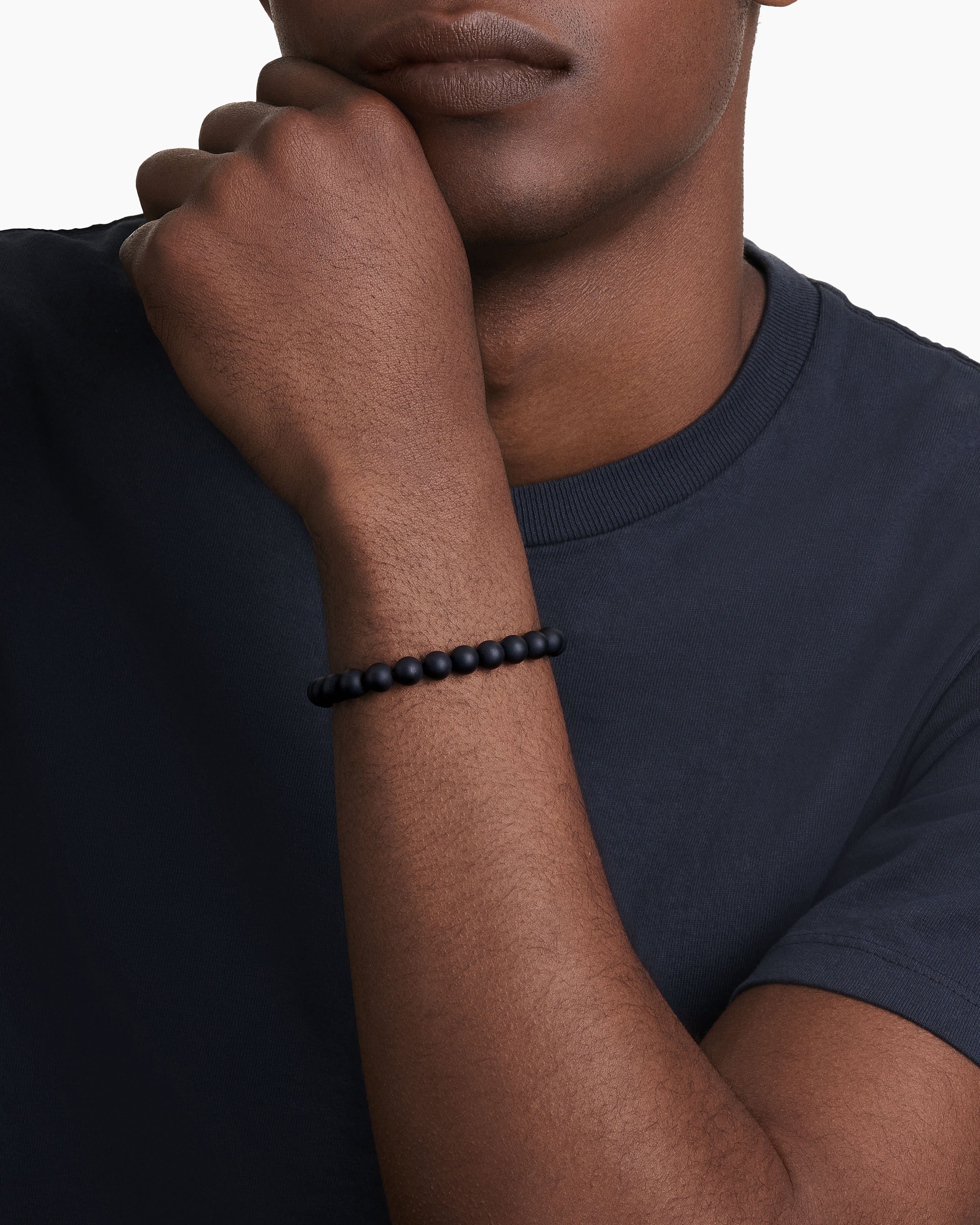 Mens Spiritual Beads Bracelet in Sterling Silver with River Stone, 8mm