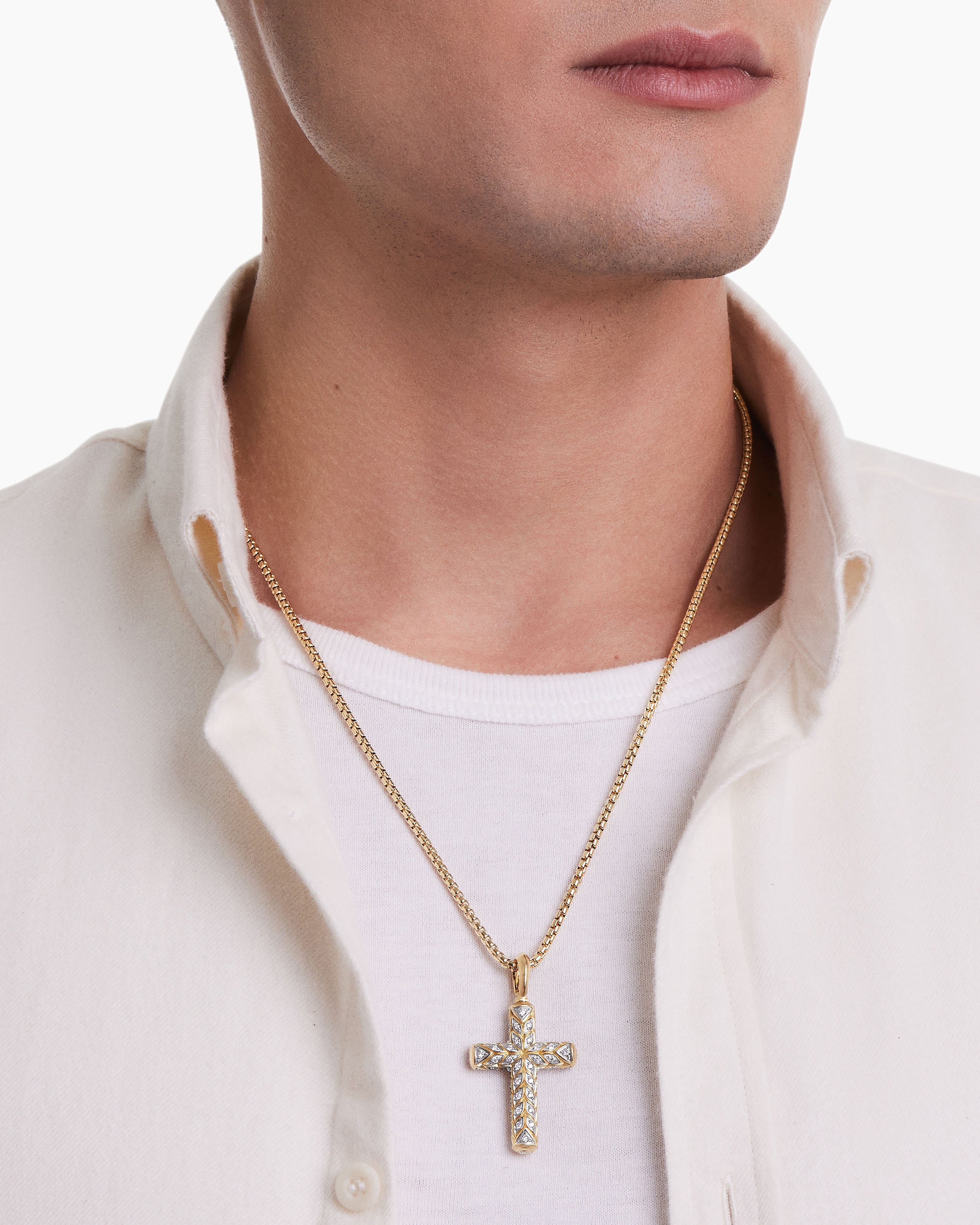 Mens Chevron Cross Pendant in 18K Yellow Gold with Diamonds, 47mm